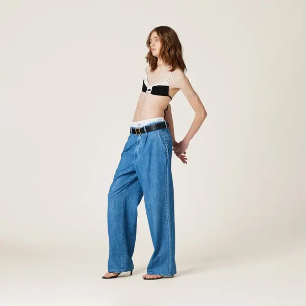 Miu Miu Chambray Denim Pleated Pants - Sapphire Blue | Editorialist